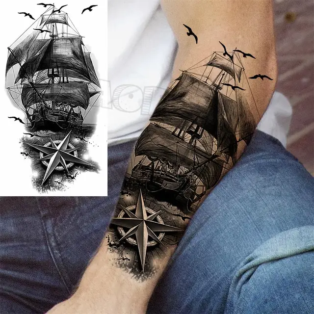 Piratenschip Mouw Tattoo Kompas Leeuw Tijdelijke Tatoeages Mouw Voor