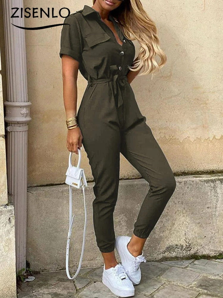 Overalls for Women New Casual Lapel Lace-up Print Belt Work Jumpsuit ...