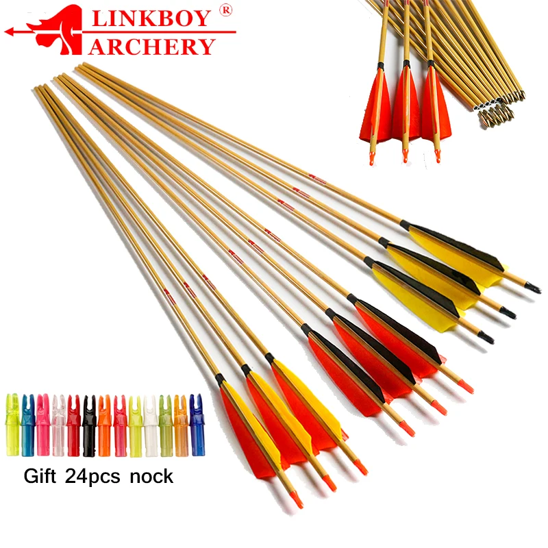 12pcs Linkboy Archery Pure Carbon Arrows ID6.2mm SP600 32'' Bamboo Skin ...
