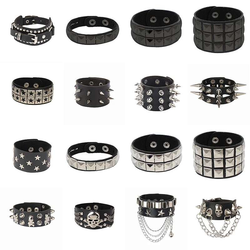 New-Black-Punk-Star-Spikes-Rivet-Skull-Studded-Bracelet-Pu-Leather ...