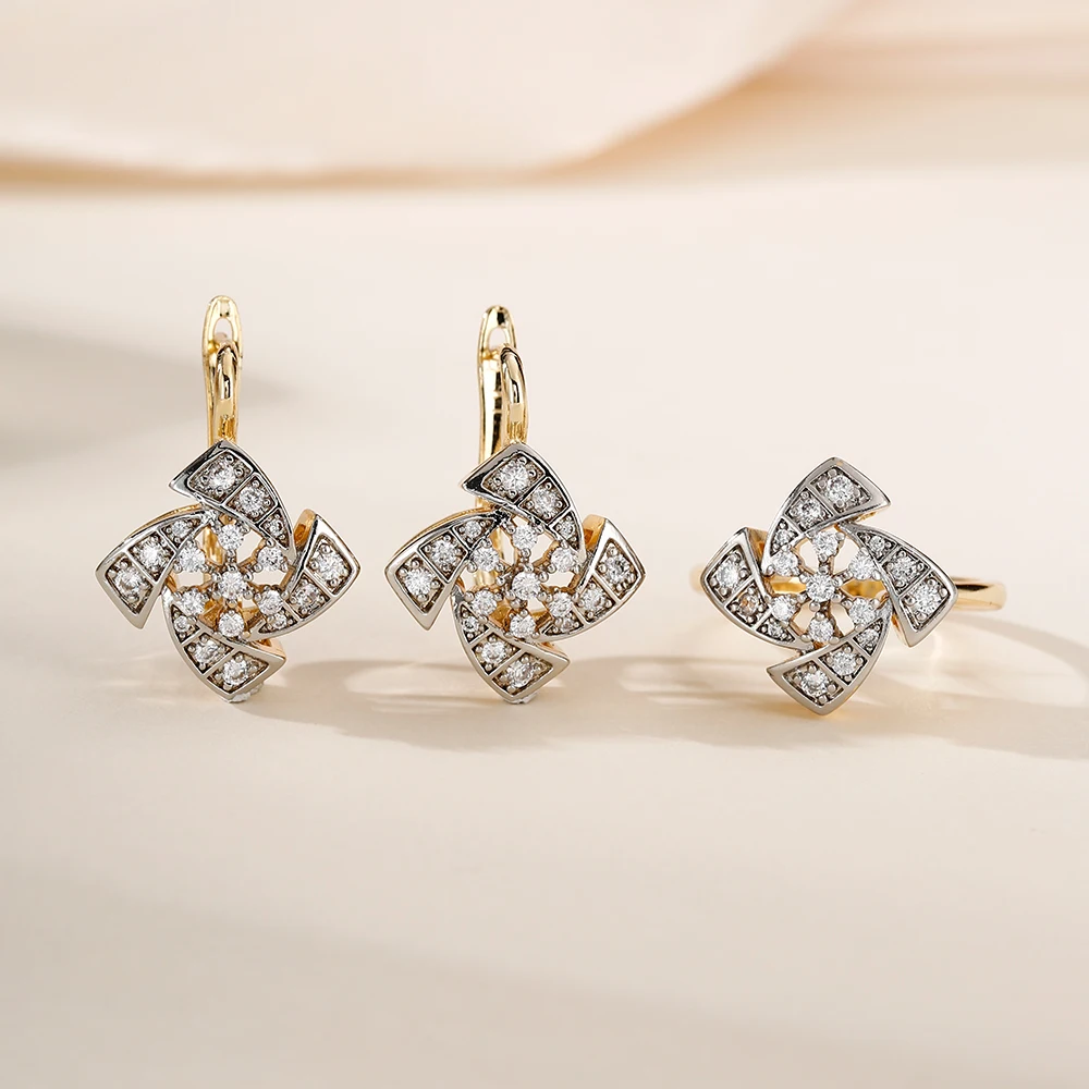 Windmill Shape Design Inlaid Synthetic Zircon Earrings Ring suit Copper ...