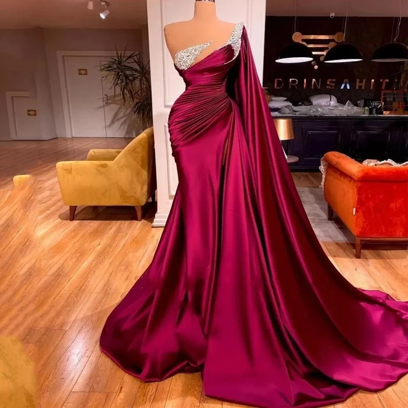 Evening Dresses dark fuchsia Arabic sheer Long One Shoulder Beaded ...