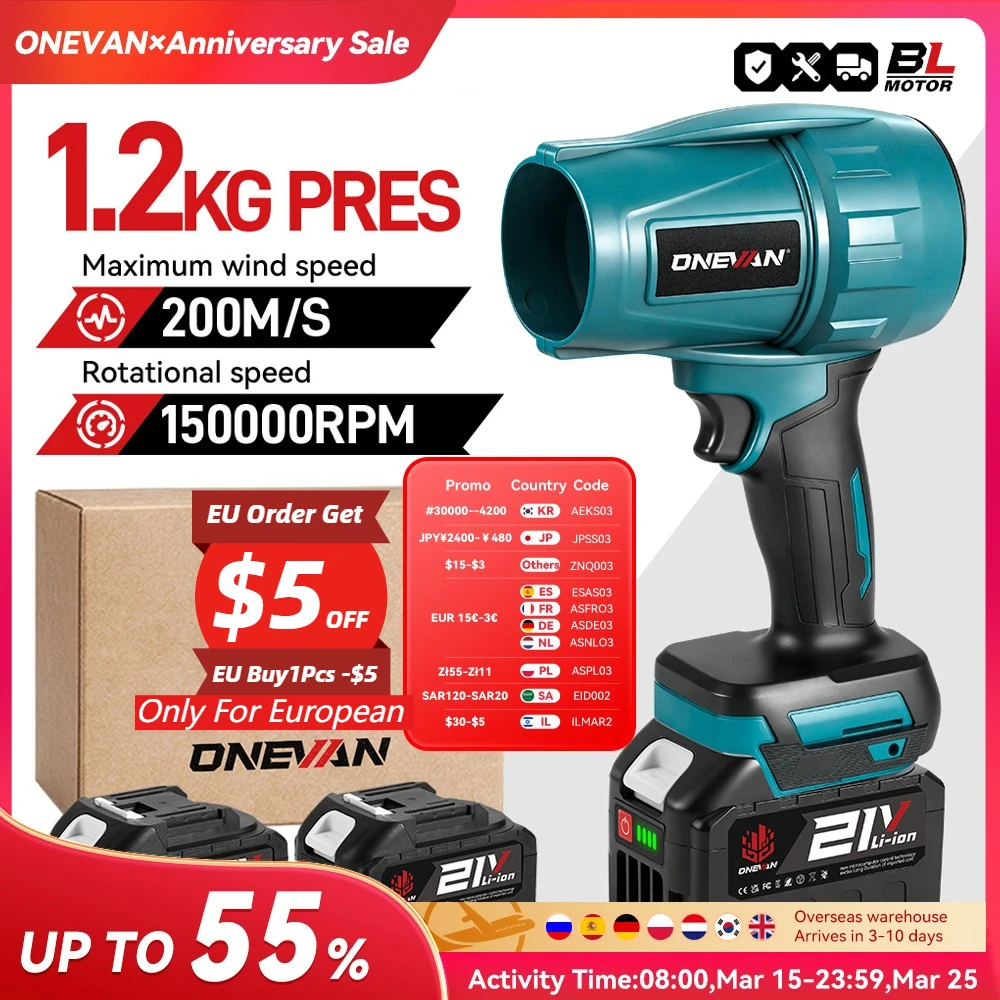 ONEVAN 2000W 200M/S Brushless Electric Turbo Fan Cordless Leaf Air ...