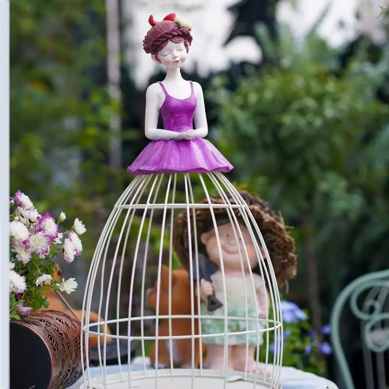 Cute-Resin-Girl-Wrought-Iron-Cage-Climbing-Plant-Flower-Stand-Outdoor ...