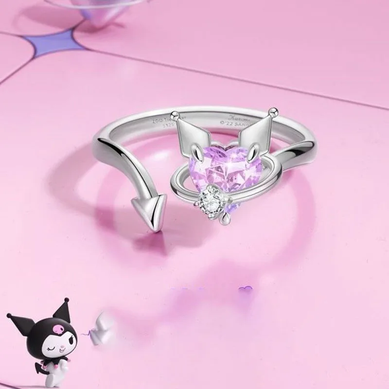 Miniso Sanrio Kuromi Crystal Ring Cute Cartoon S925 Inlay Couple Romantic Heart Friend Open Ring Jewelry Girl Birthday Gifts AliExpress