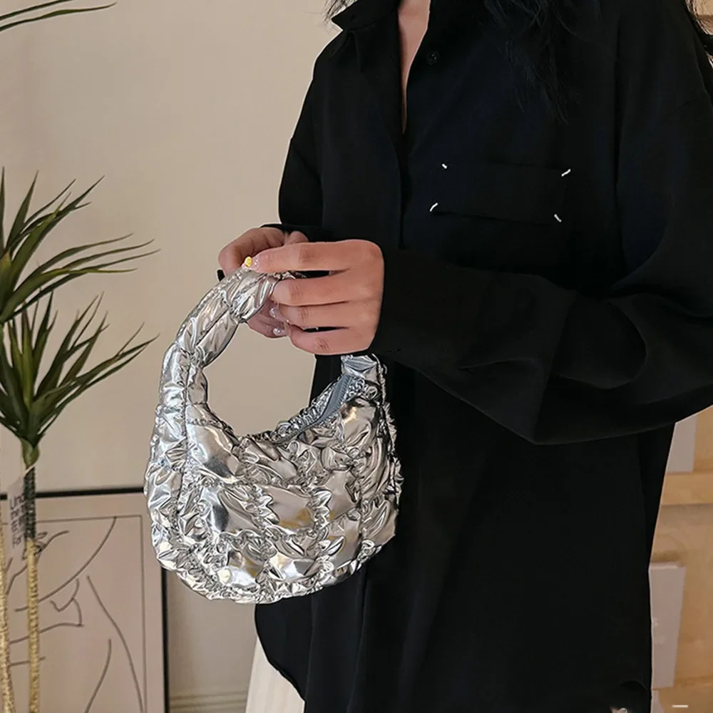 Korea-Pleated-Silver-Cloud-Bag-2024-fashionable-Armpit-Mini-Handbag-Ruched-Designer-Tote-Bag ...