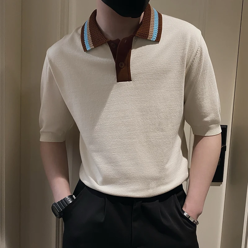Summer-Men-s-Contrasting-Knitted-Polo-Shirt-Short-Sleeve-Loose-Knitwear ...