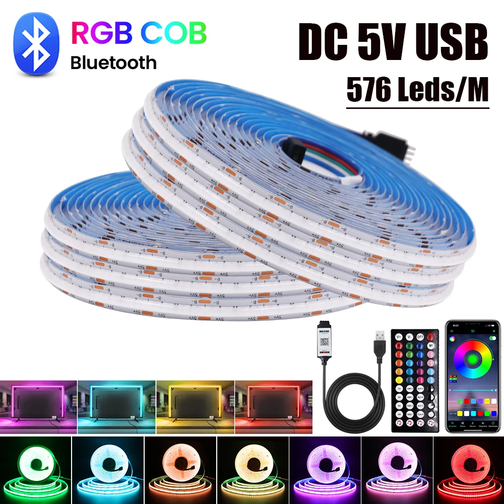 DC-5V-USB-RGB-COB-Strip-576Leds-M-Bluetooth-APP-Control-TV-BackLight ...