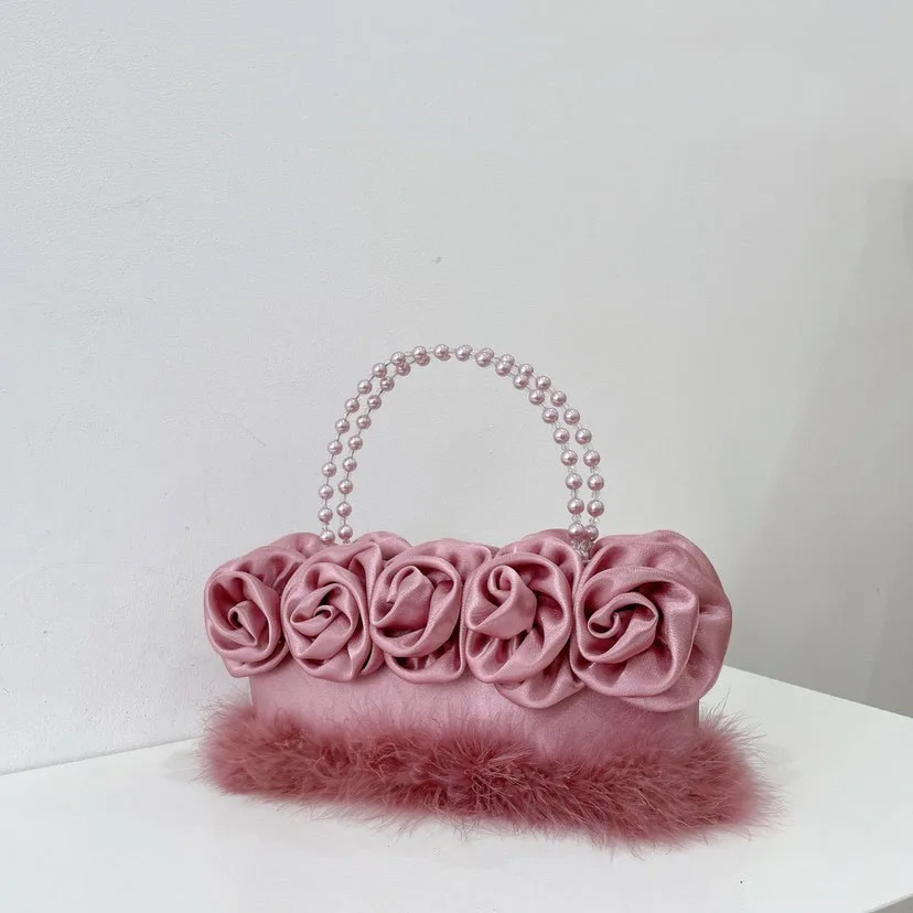 Fashion Flower Pink Luxury Satin Prom Bag Fur Evening Clutch Bag Women ...