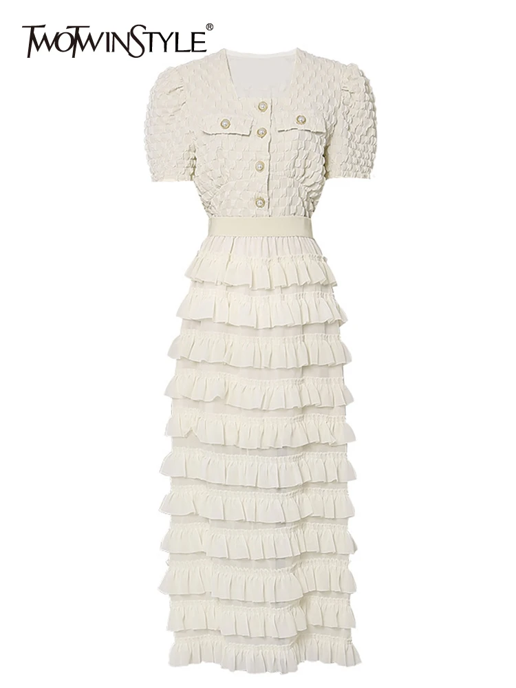 TWOTWINSTYLE Spliced Button Two Piece Sets For Women Square Collar ...