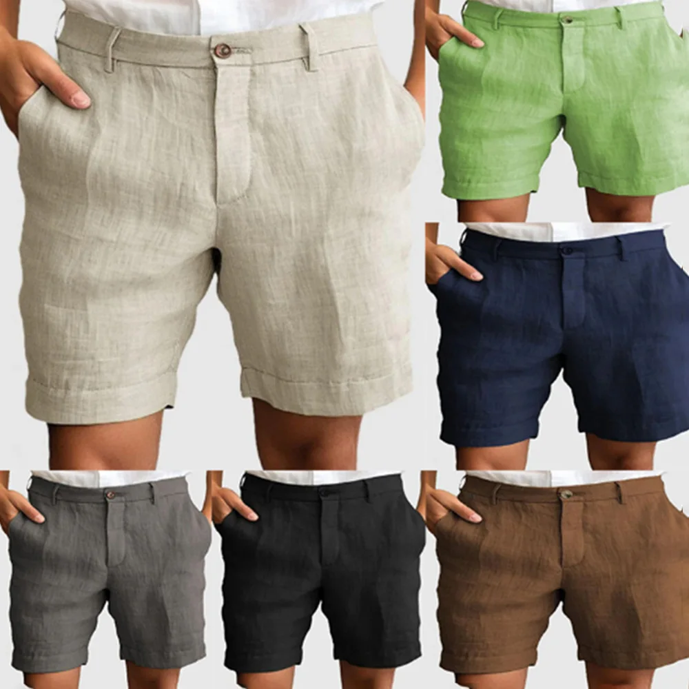 Linen Solid Color Breathable Men's Shorts Summer Casual Outdoor Beach ...