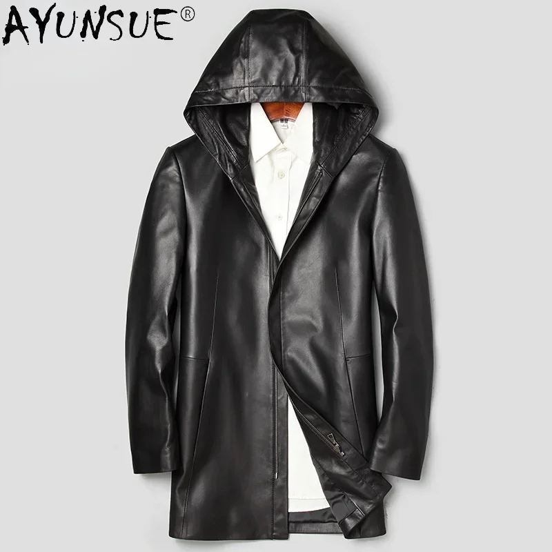 AYUNSUE-2021-Autumn-Genuine-Sheepskin-Men-s-Leather-Jacket-Hooded-Black ...