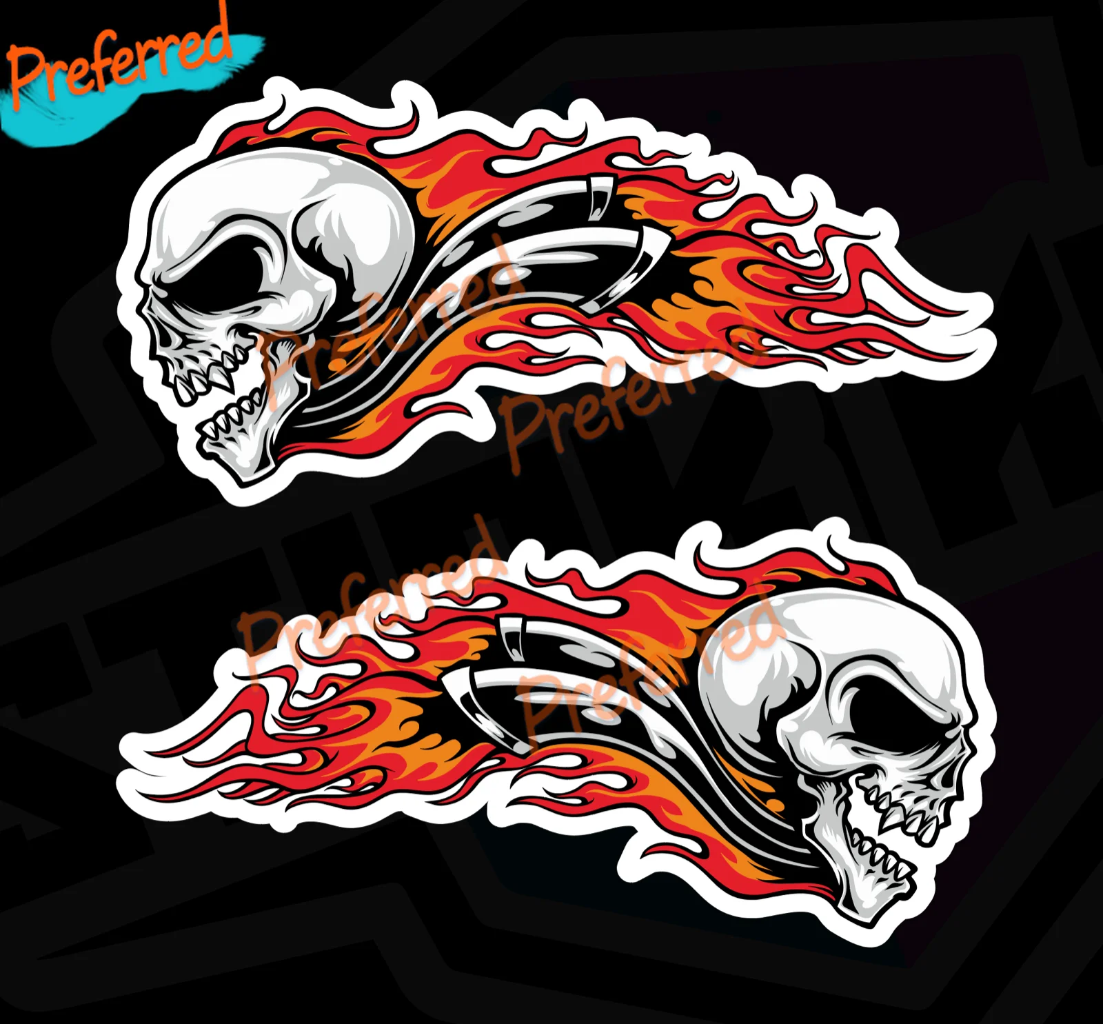 2 X SKULL FLAMES Burning Helmet Exhaust Racer Helmet Vinyl Stickers ...