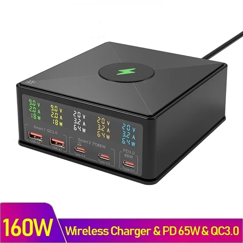 160W-USB-Charger-Station-15W-Wireless-Charger-LCD-Display-USB-C-QC3-0 ...