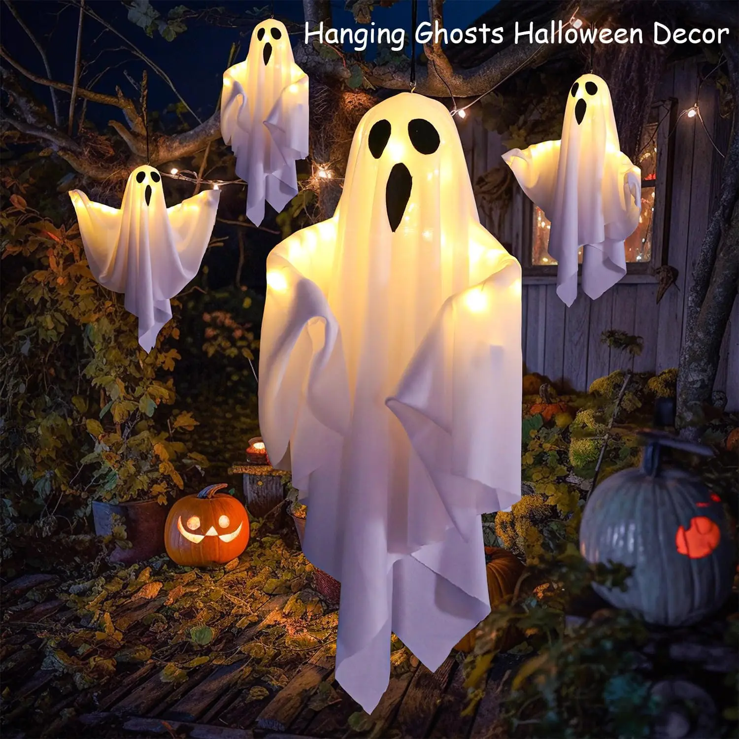 Halloween Hanging Ghosts Light Up Warm LED Light Indoor Outdoor Front ...