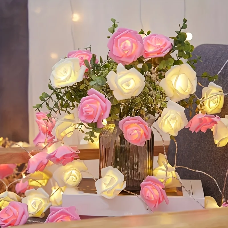 Pink-Rose-String-Lights-For-Bedroom-Battery-Operated-Flower-LED-Lights ...