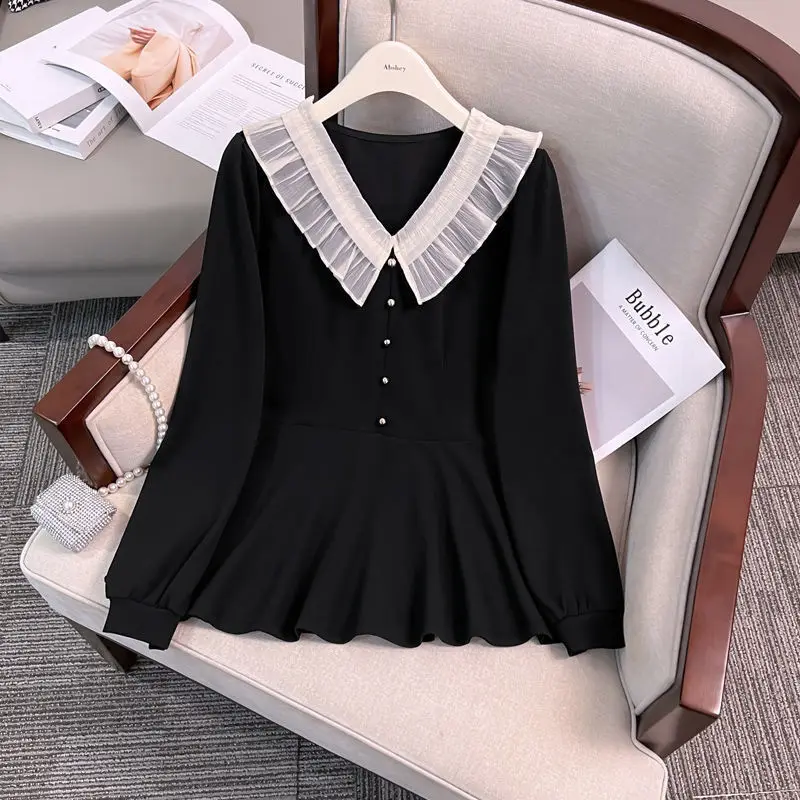 French Ruffled Black V-neck Shirt for Women in Early Spring with a Slim ...