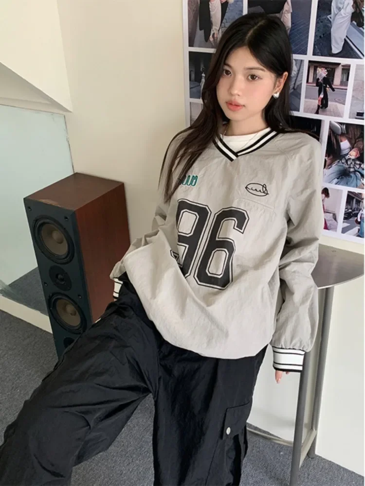 HOUZHOU-Kpop-Sweatshirts-Women-Vintage-Y2k-V-neck-Sports-Tops-Oversized-Korean-Streetwear-Hip ...