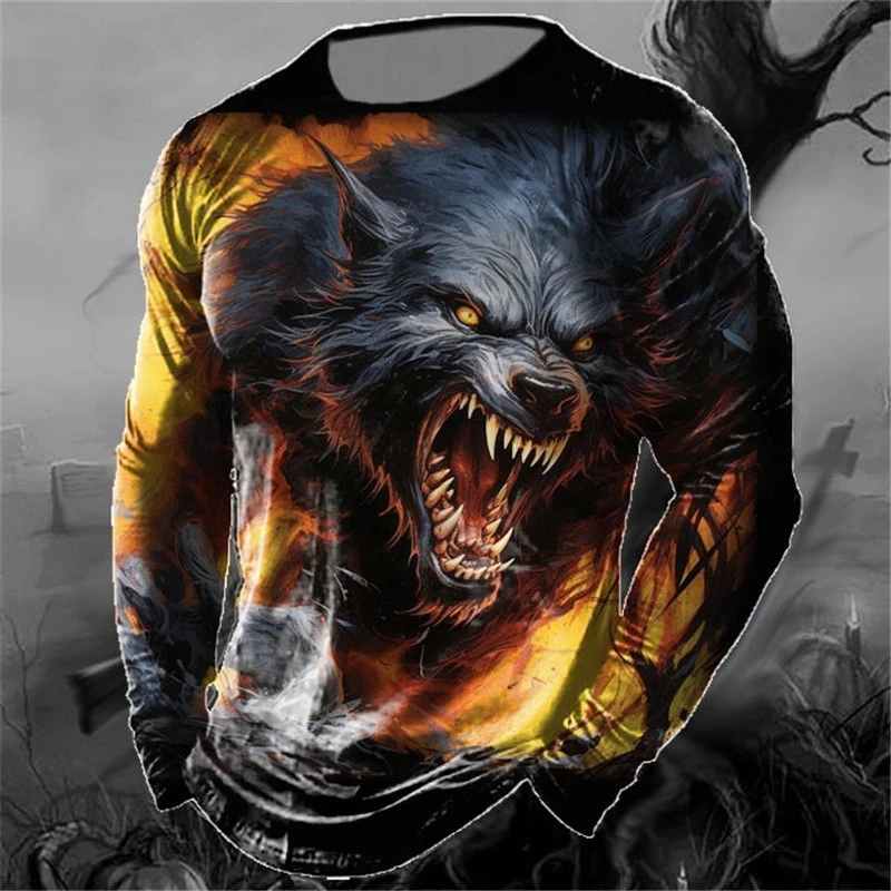 Ferocious-Wolf-T-shirt-Men-s-Clothing-Round-Neck-Long-Sleeve-Oversized ...