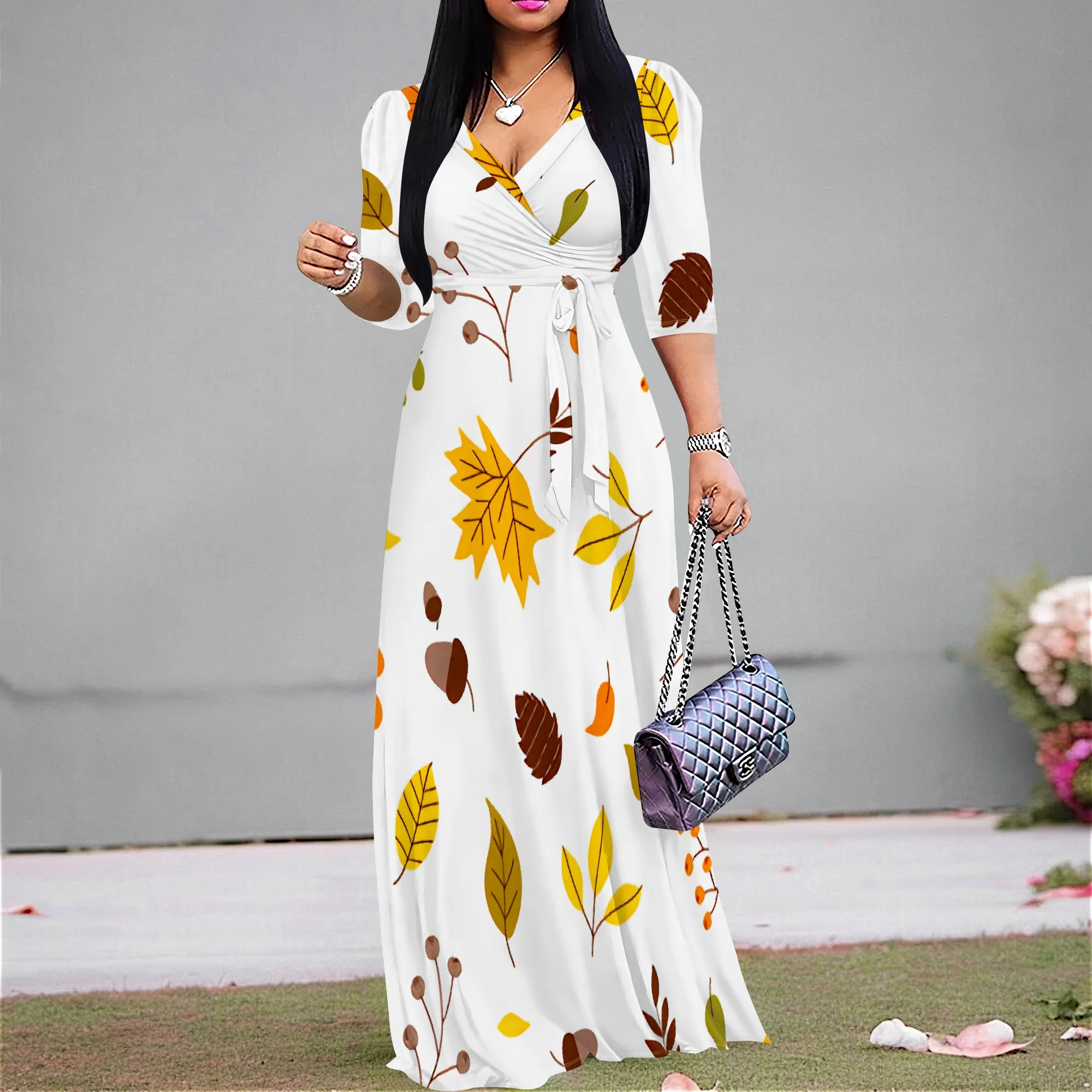 Plus Size Fall Leaf Print Maxi Dress V Neck Long Dress for Autumn ...
