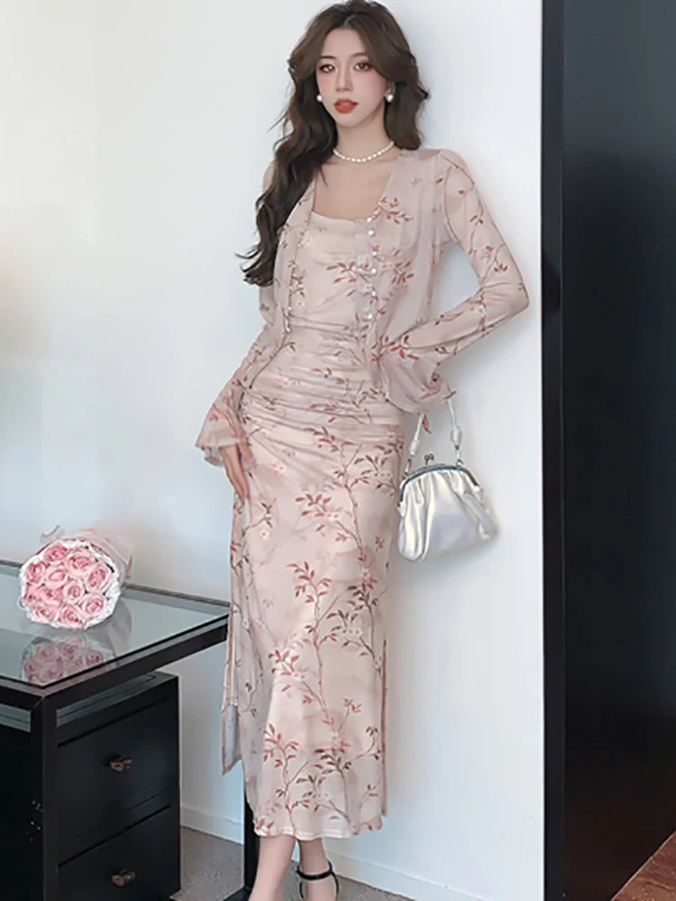 Vestido-rosa-Floral-elegante-para-mujer-traje-informal-moda-coreana ...