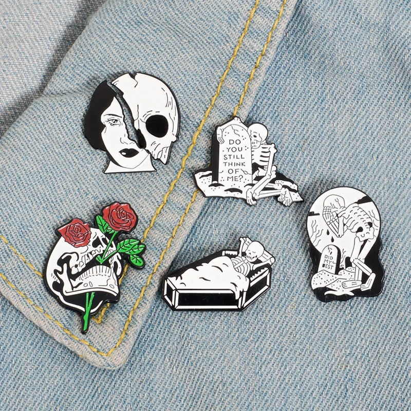 Woman-Skull-Face-Enamel-Pin-Rose-Dead-Lovers-Coffin-Badge-Brooch-Lapel ...