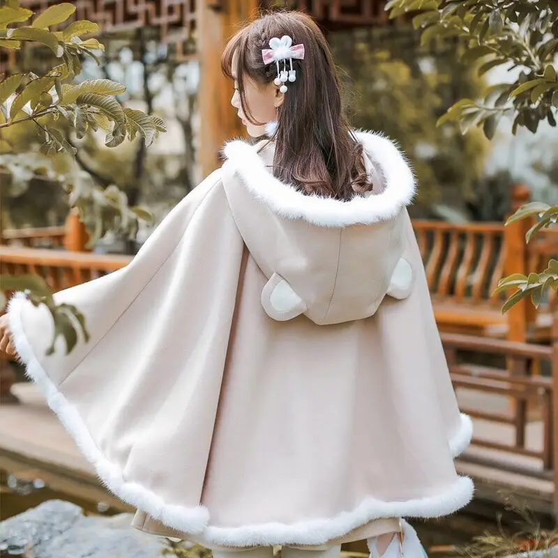2024-Autumn-Winter-Women-Sweet-Lolita-Cloak-Cute-Bear-Ear-Hooded ...