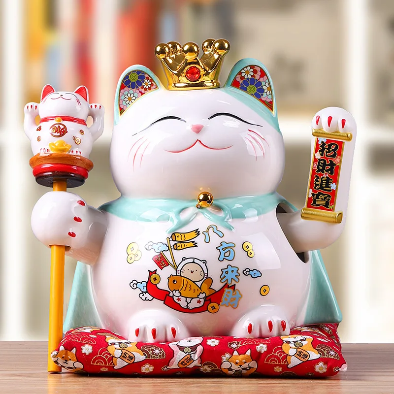9.5 Inch Ceramic Beckoning Cat Maneki Neko Ornament Feng Shui ...