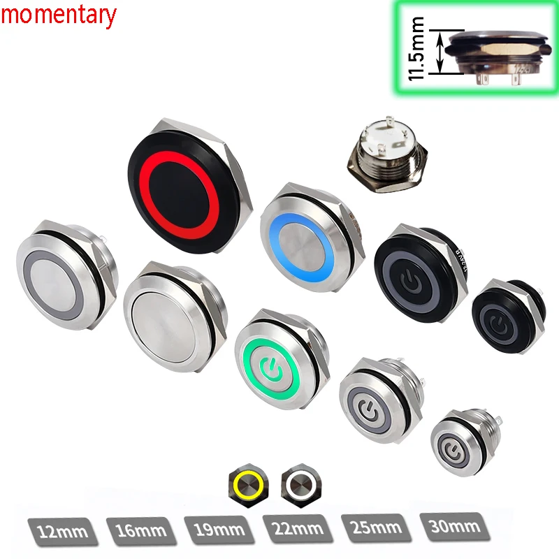 12-16-19-22-25-30mm-Tiny-Short-Black-Silver-Metal-Button-Switch-LED-6V ...