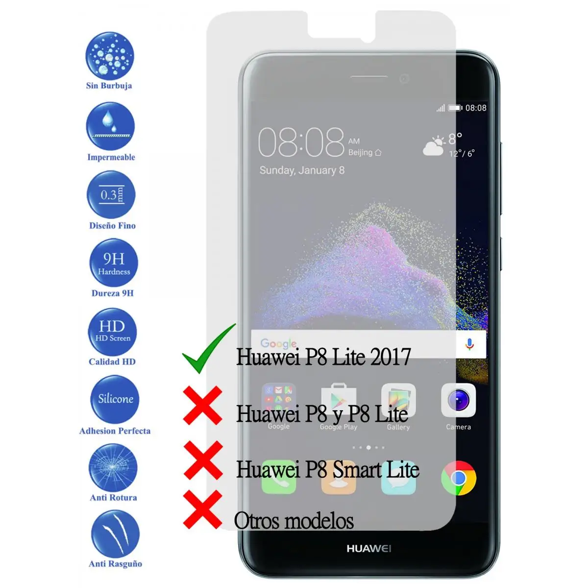 Protector de Pantalla Cristal Templado Vidrio 9H para Huawei Ascend P8 Lite 2017|Protectores de ...