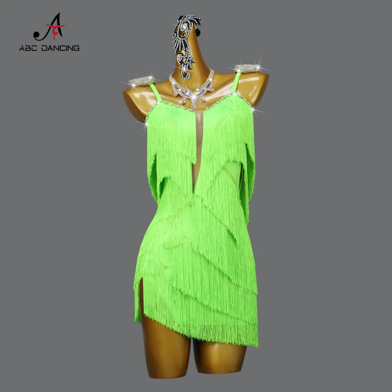 2023 Green Latin Dance Professional Tassel Dress Sexy Short Skirts ...