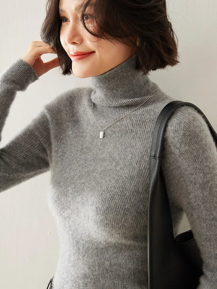 Seamless cashmere sweater high neck slim thin drawstring sweater women ...