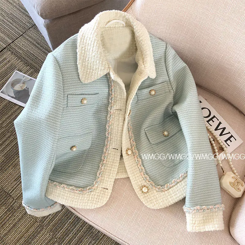 New Elegant Tweed Cropped Jackets Women Korean Polo Collar Short Coat ...