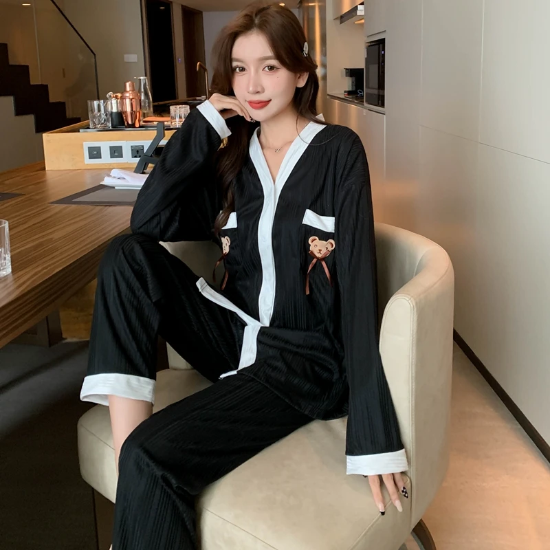 2022 Autumn Long Sleeve Sexy V neck Pajama Set for Women Korean Loose Sleepwear Suit Pyjamas ...