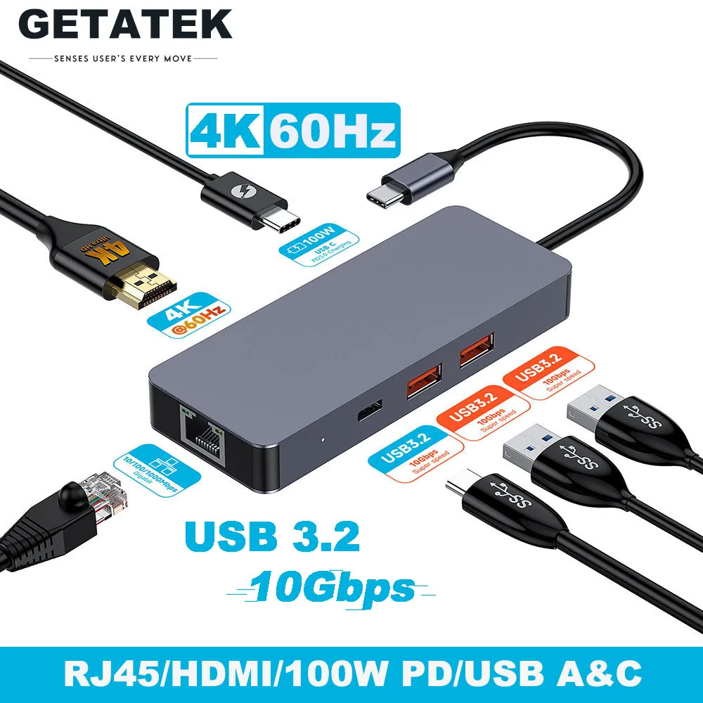 Getatek 6-in-1 USB C Hub 4K 60Hz HDMI Type C to Ethernet USB C PD 100W ...