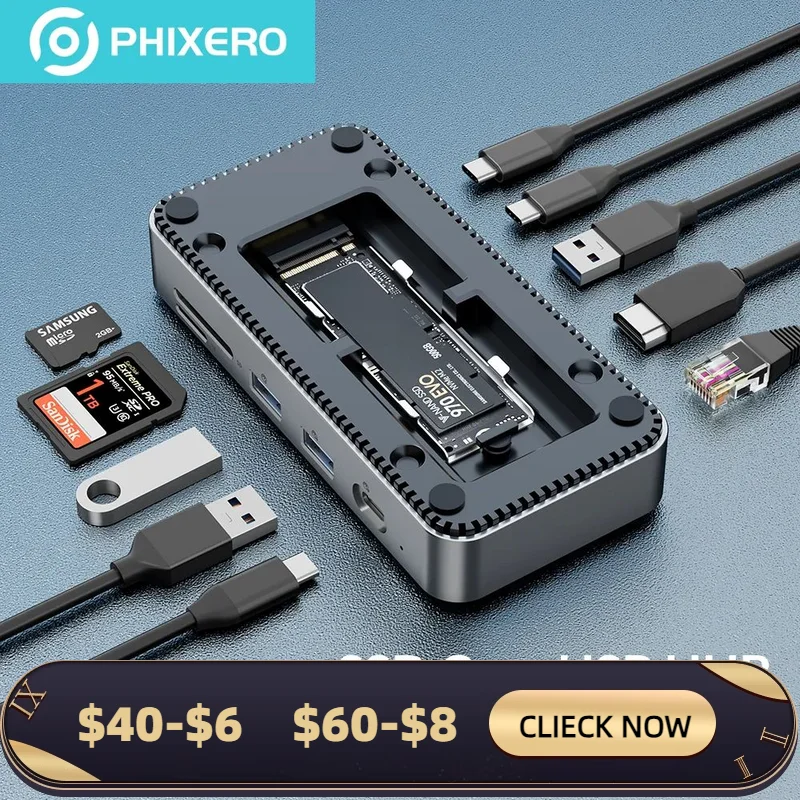 PHIXERO-USB-C-HUB-with-M-2-NVMe-SSD-Enclosure-10Gbps-NVMe-HUB-USB3-2 ...