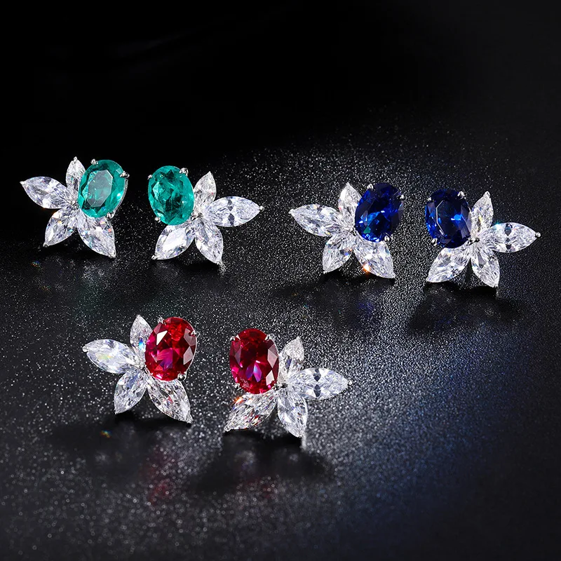 Delicate Lab Created Ruby Emerald Sapphire S925 Silver Leaf Stud ...