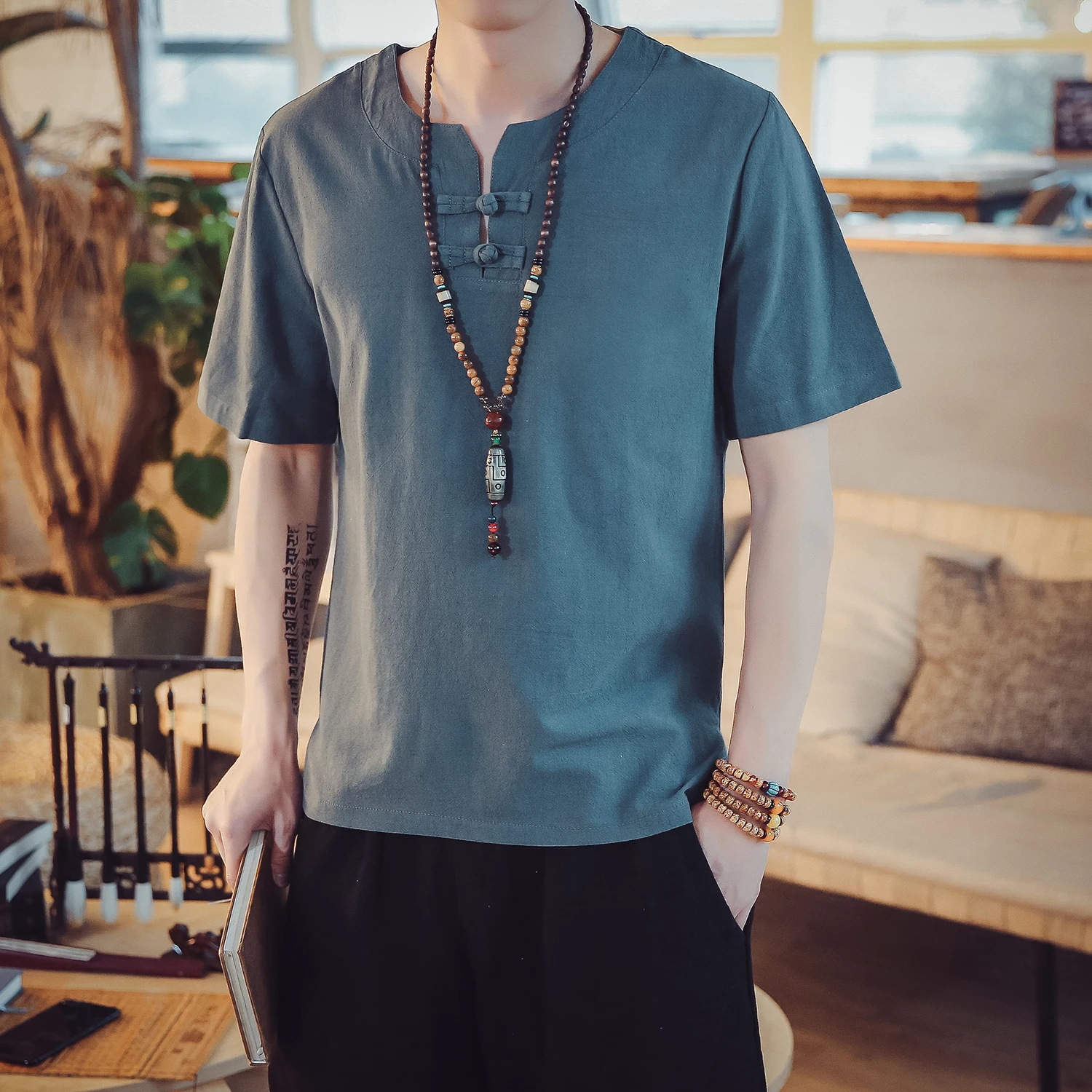 Camiseta-Oriental-para-hombre-traje-Tang-Top-con-hebilla-de-Pan-camisa ...