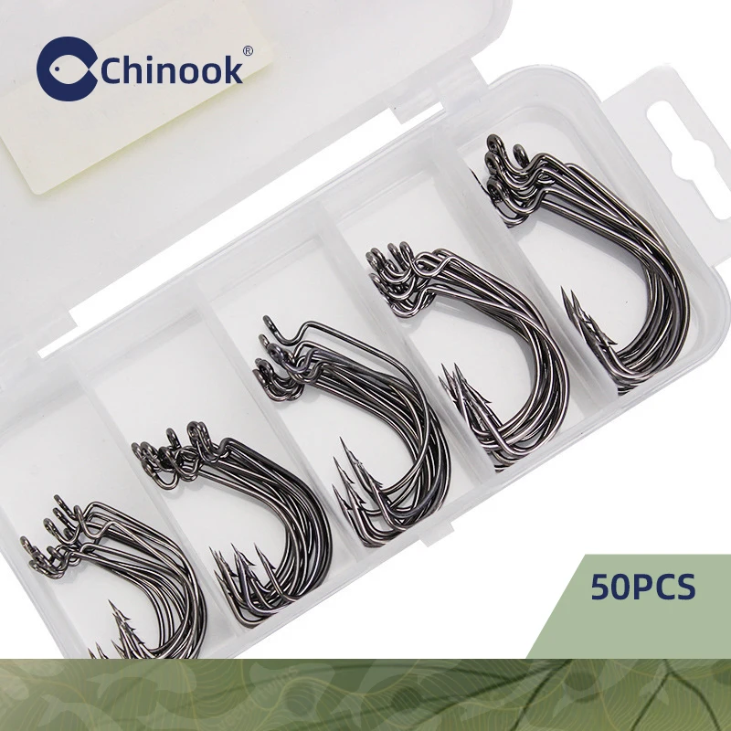 Chinook 50pcs Wide worm hook Carbon Steel Offset Fishhook Bass Barbed ...