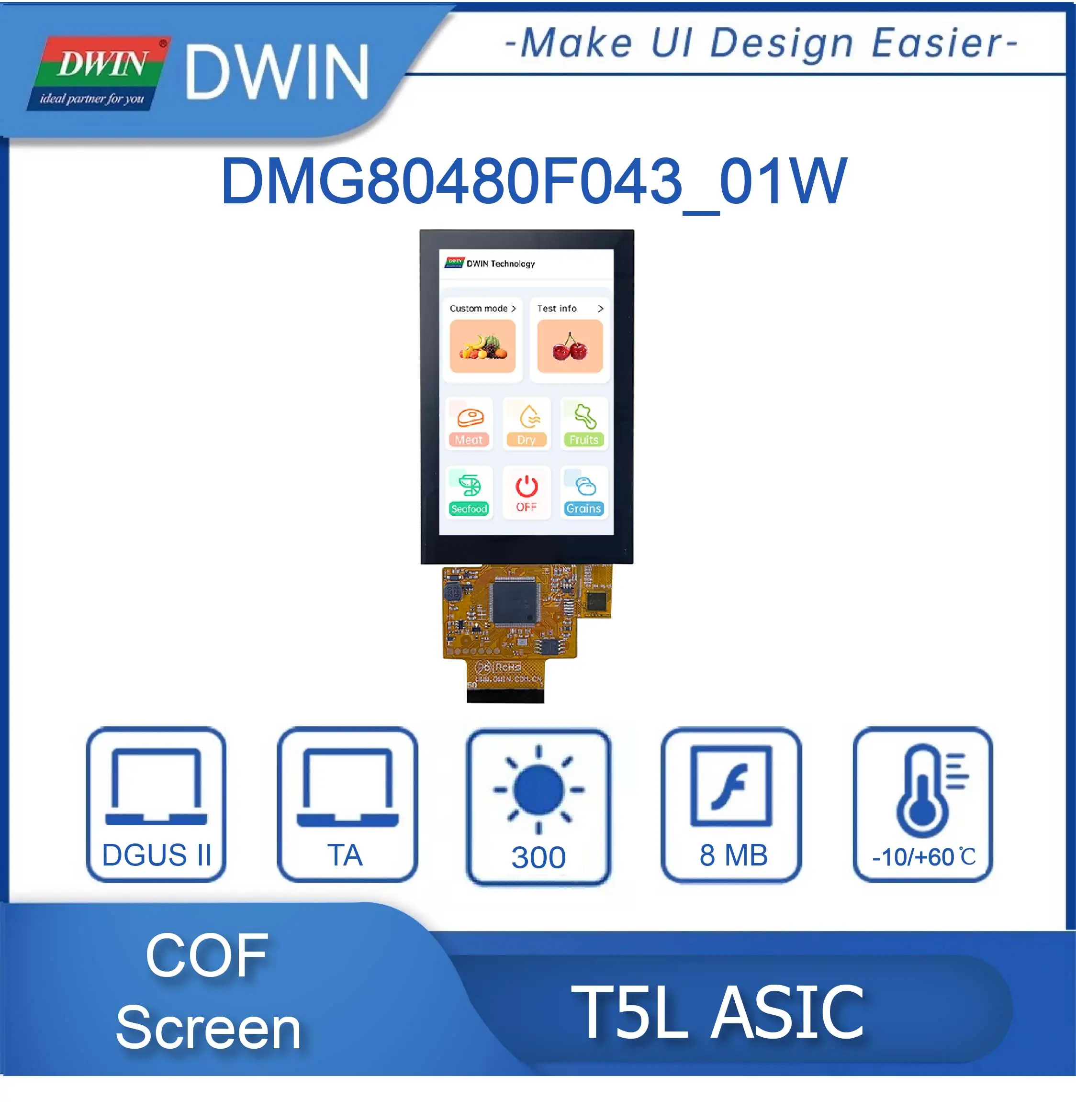 DWIN 4.3 Inch TFT LCD Module 800*480 HMI Touch Screen COF Structure Capacitive Smart Display ...