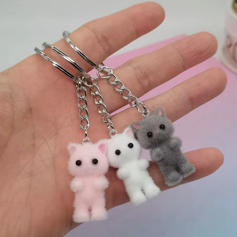 1PCS-3D-Cartoon-Flocking-Cat-Keychain-Kawaii-Cat-Key-Ring-Animal-Key ...