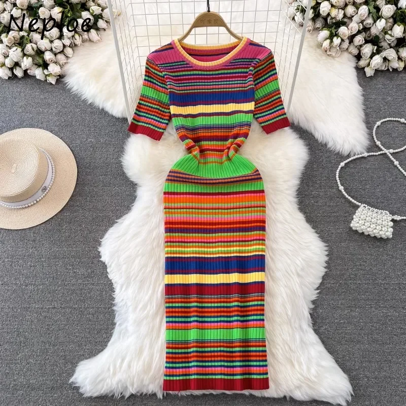 Neploe-Vintage-Rainbow-Striped-Dress-for-Women-Summer-Slim-Waist ...