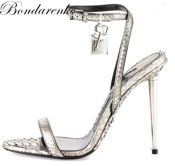 Padlock Metallic Leather Stiletto Sandals Womens Gold\Sliver Pointy Toe ...