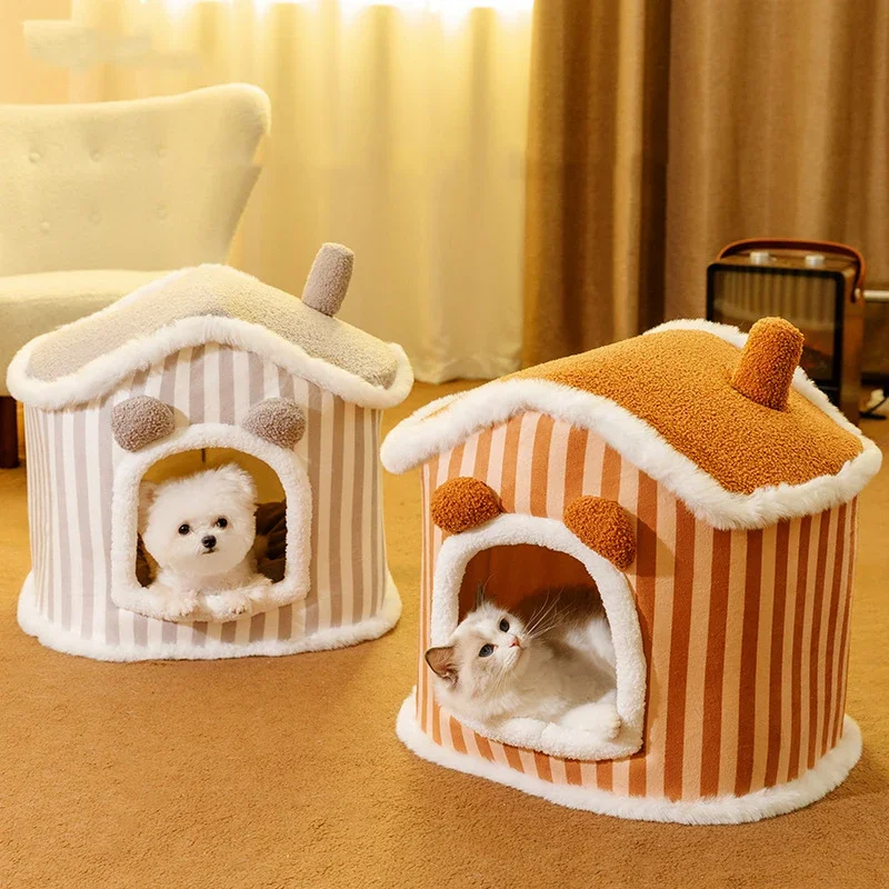 Foldable-Dog-House-for-Cats-and-Small-Dogs-Enclosed-Warm-Plush-Sleeping ...