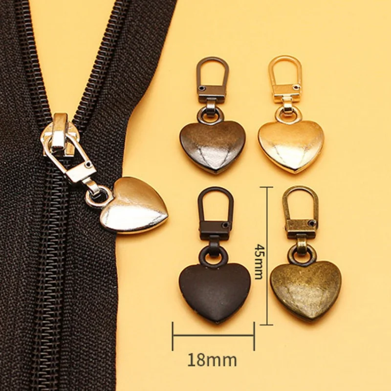 5PCS Heart Zippers Puller Sewing Zippers Detachable Heart Charms Metal ...