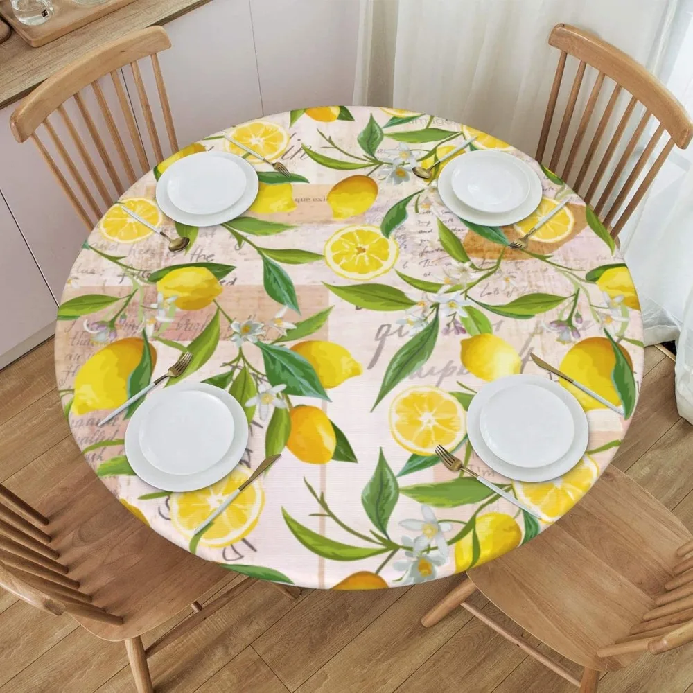 Round Table Cloth Lemon with Flower and Leaves Tablecloth Elastic Edge ...