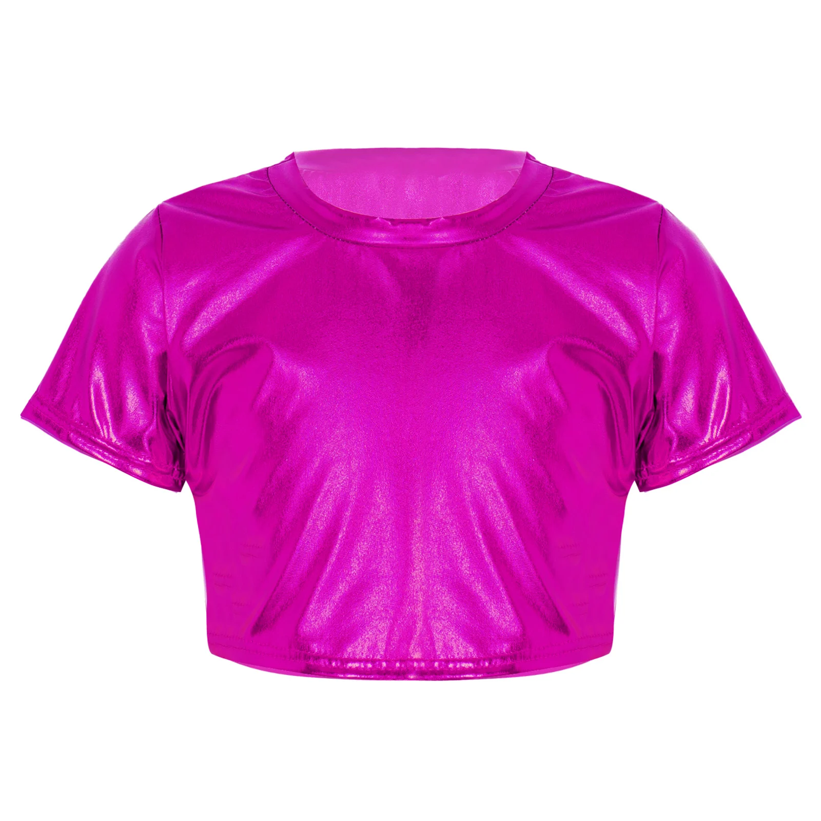 Kids Girls And Boys Jazz Dance Tops Short Sleeve Shiny Metallic Stage ...