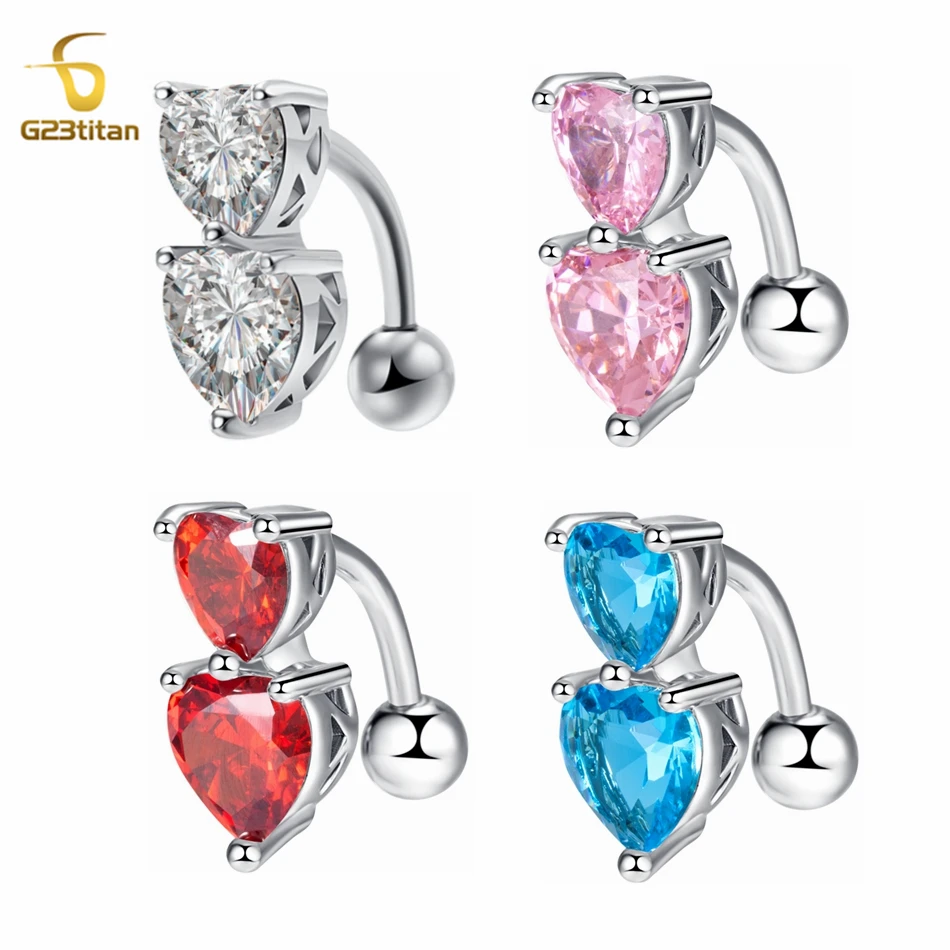 G23titan CZ Zircon Heart Reversed Bar Belly Button Rings 14G Surgical ...