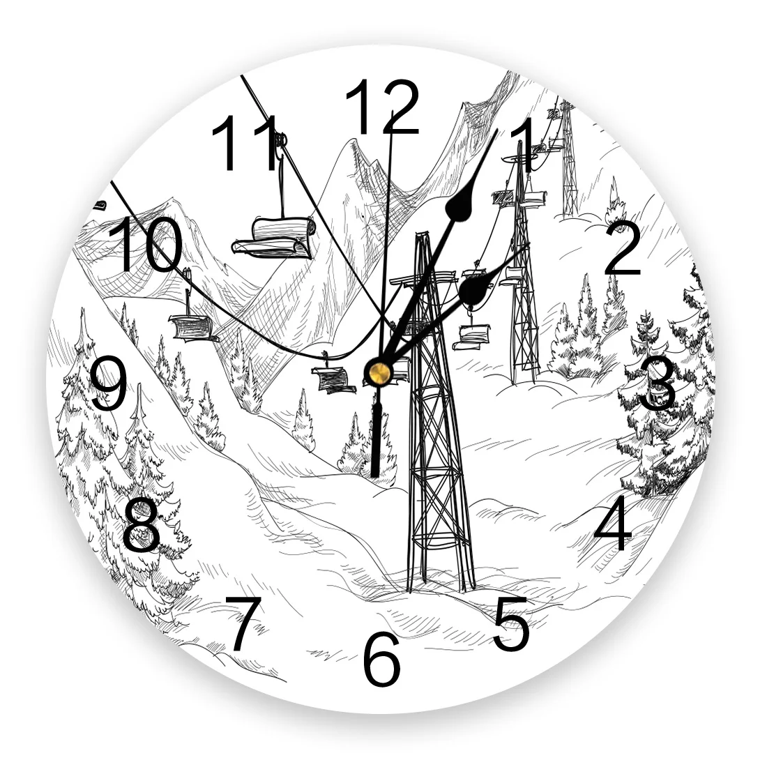 White Snow Cable Car Ski Mountain Sketch New Wall Clock Fashion Living ...