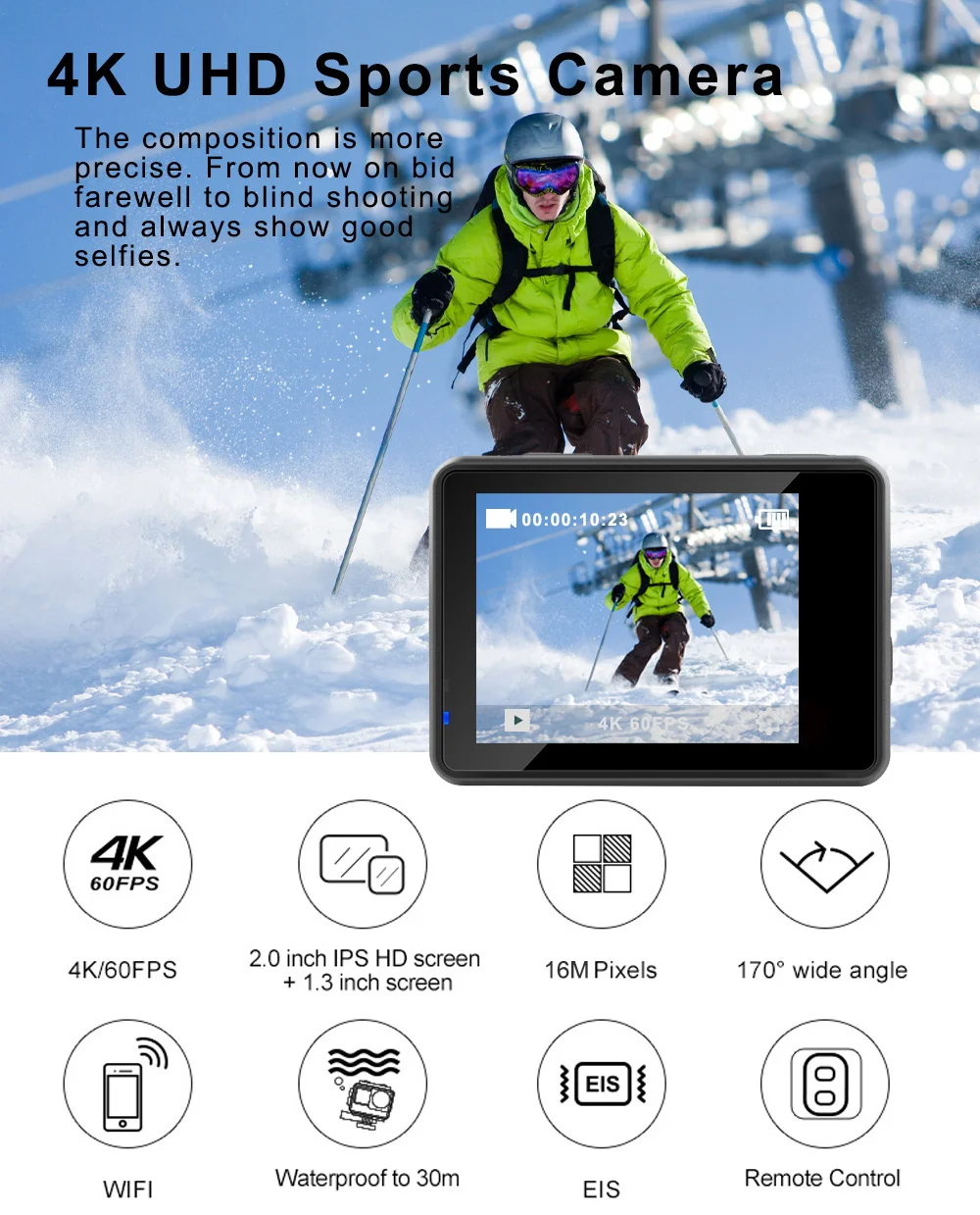 Caméra d'Action 4K avec Écran Tactile,Grand Angle de 170 °,Sous-Marine,Étanche à 30m ...